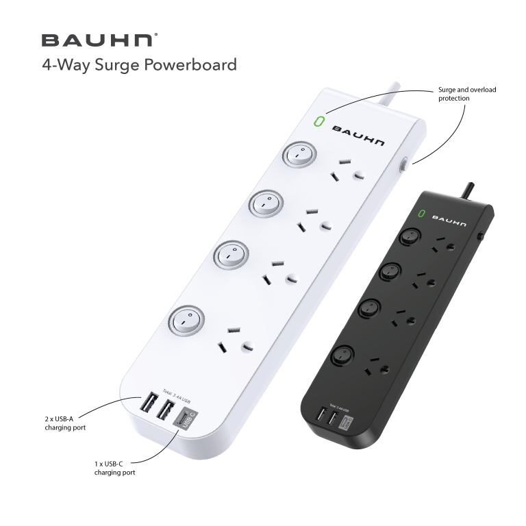 4-Way Surge Power board – Bauhn