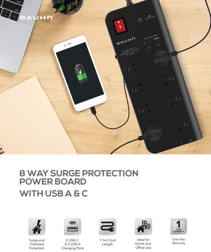 8-Way Surge Powerboard with USB-A & C – Bauhn