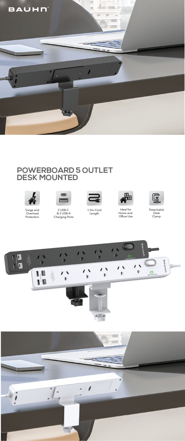 Powerboard 5 Outlet Desk Mounted – Bauhn