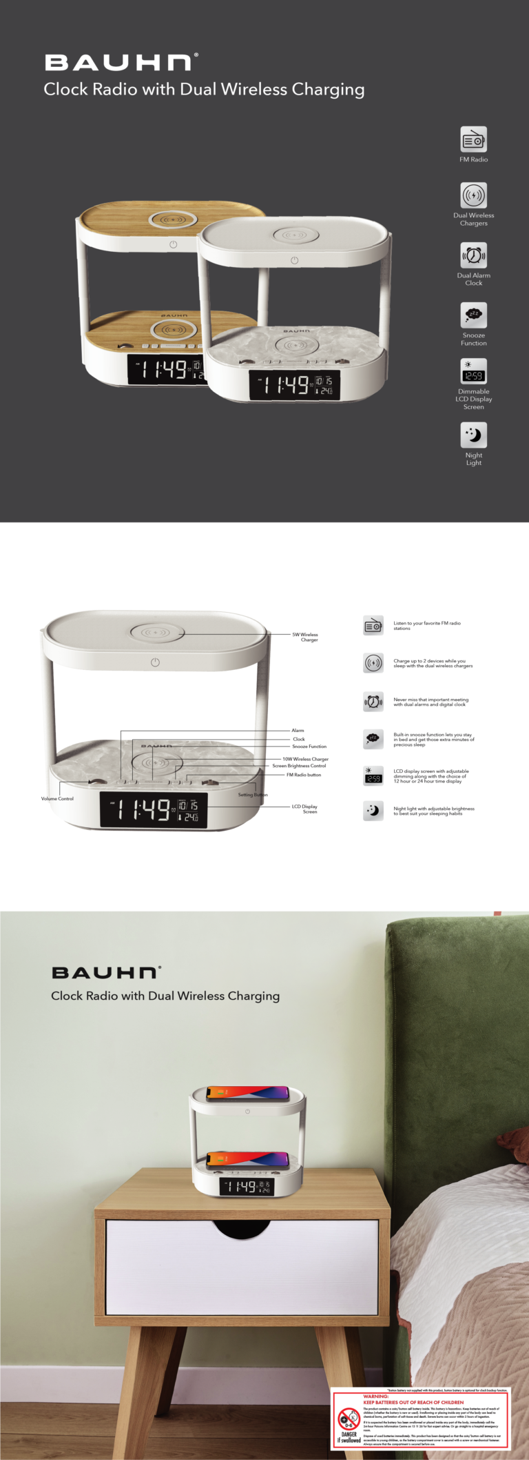 Dual Wireless Charging Clock – Bauhn