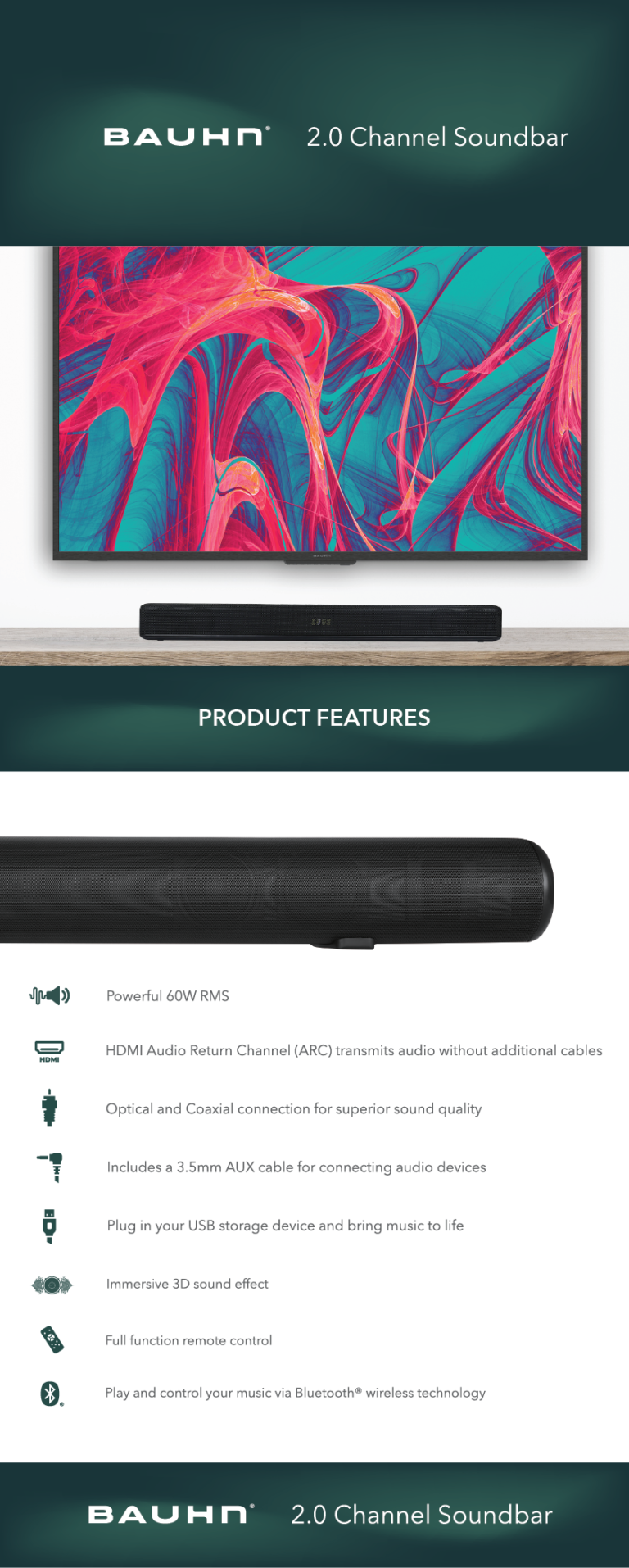 2.0 Channel Bluetooth Soundbar – Bauhn